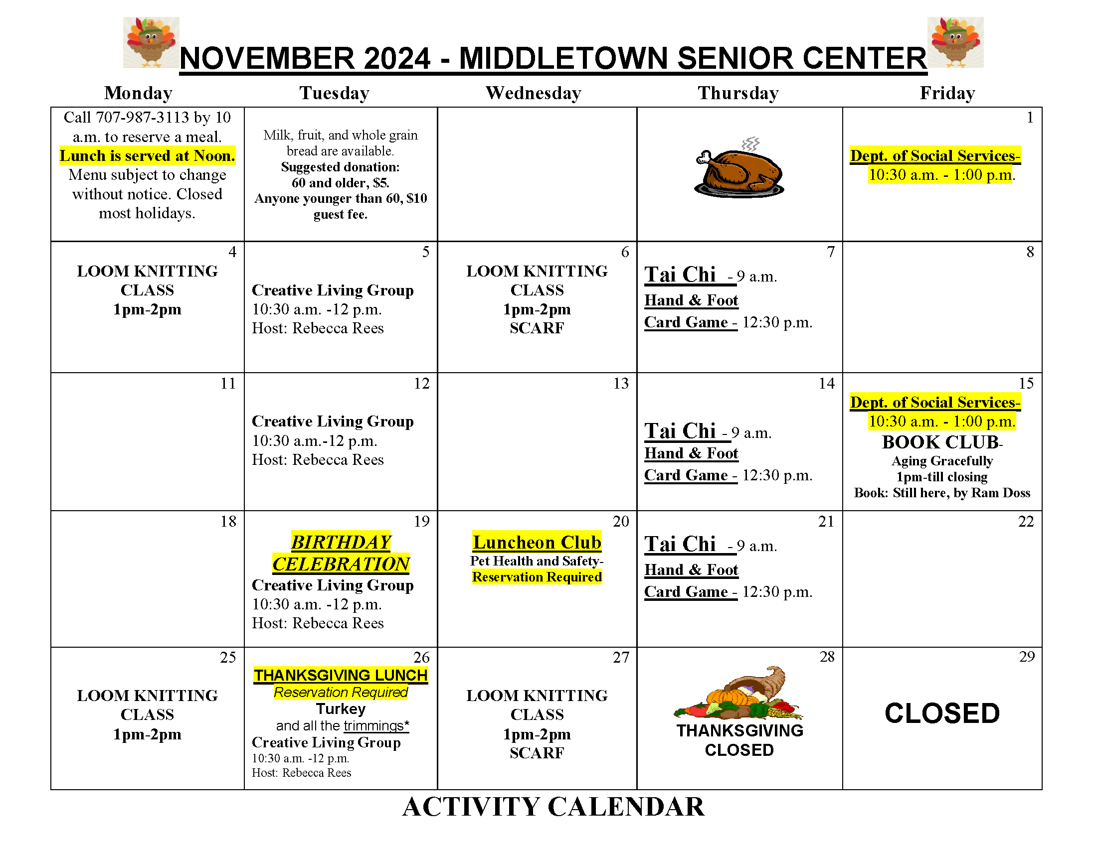 Middletown Senior Center - November Activities