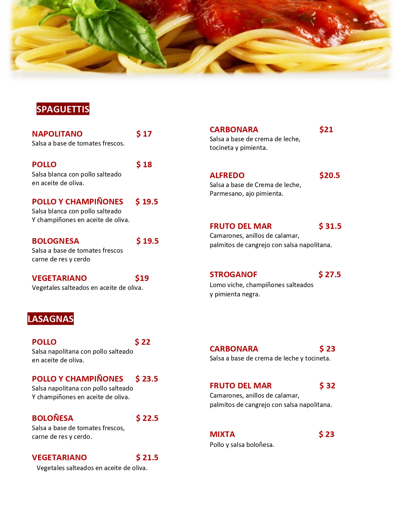 Nuestro menú - Restaurante Moretti