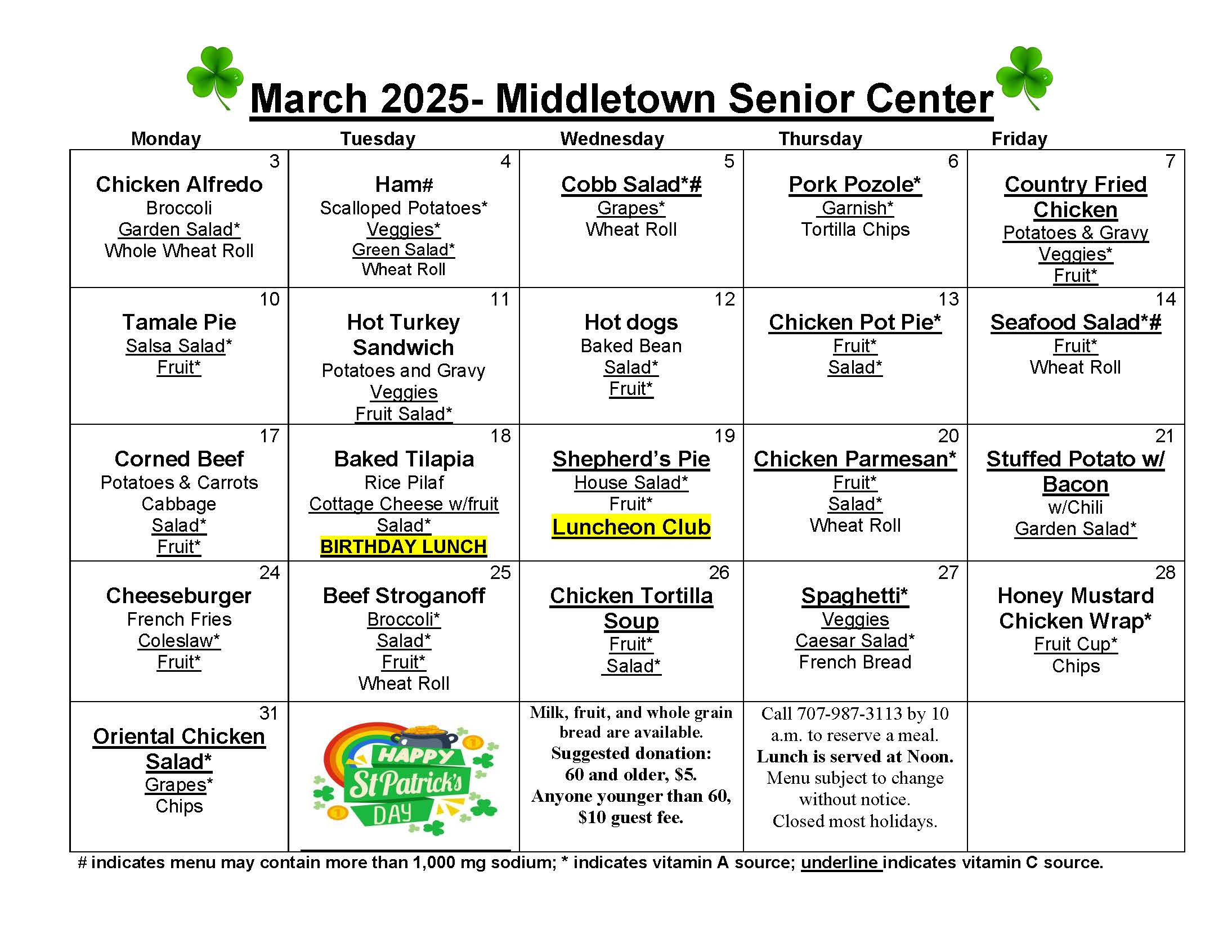 Middletown Senior Center - MARCH MENU
