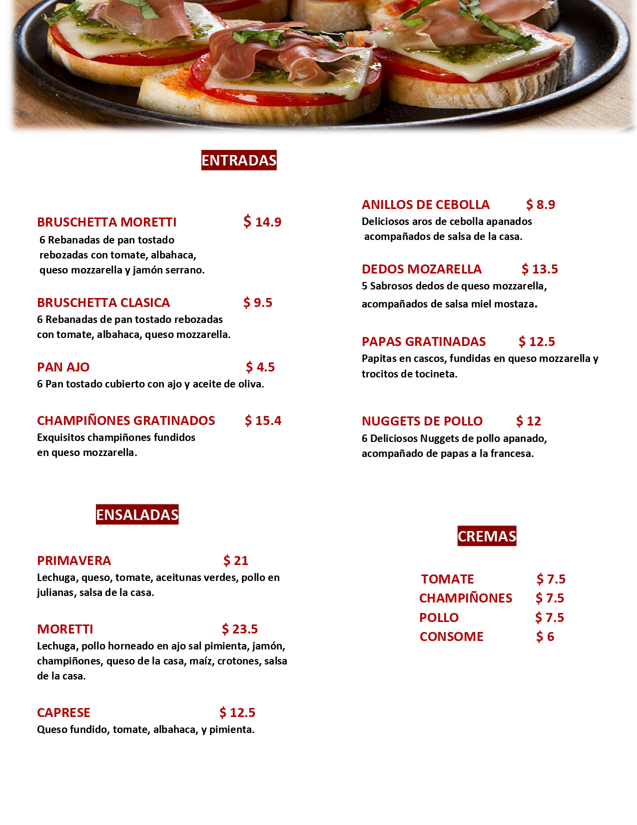 Nuestro menú - Restaurante Moretti