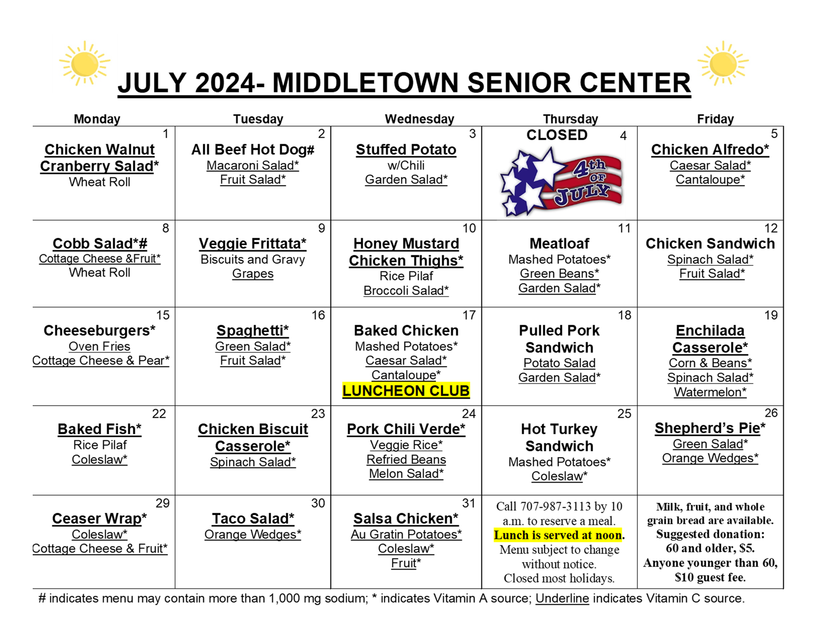 Middletown Senior Center - July Menu