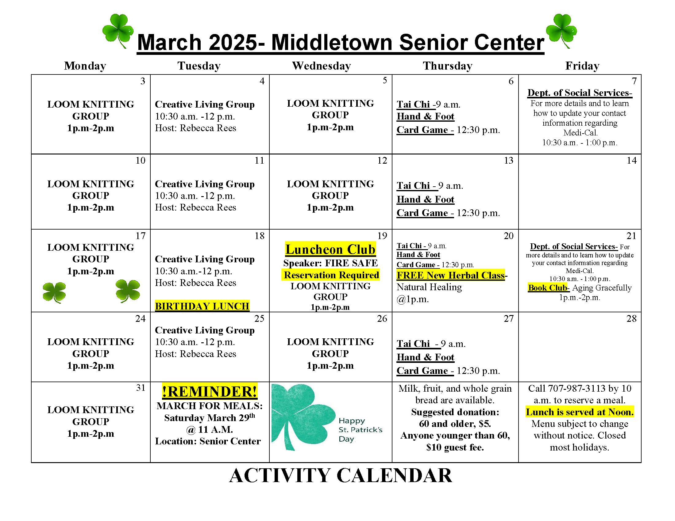 Middletown Senior Center - MARCH ACTIVITIES